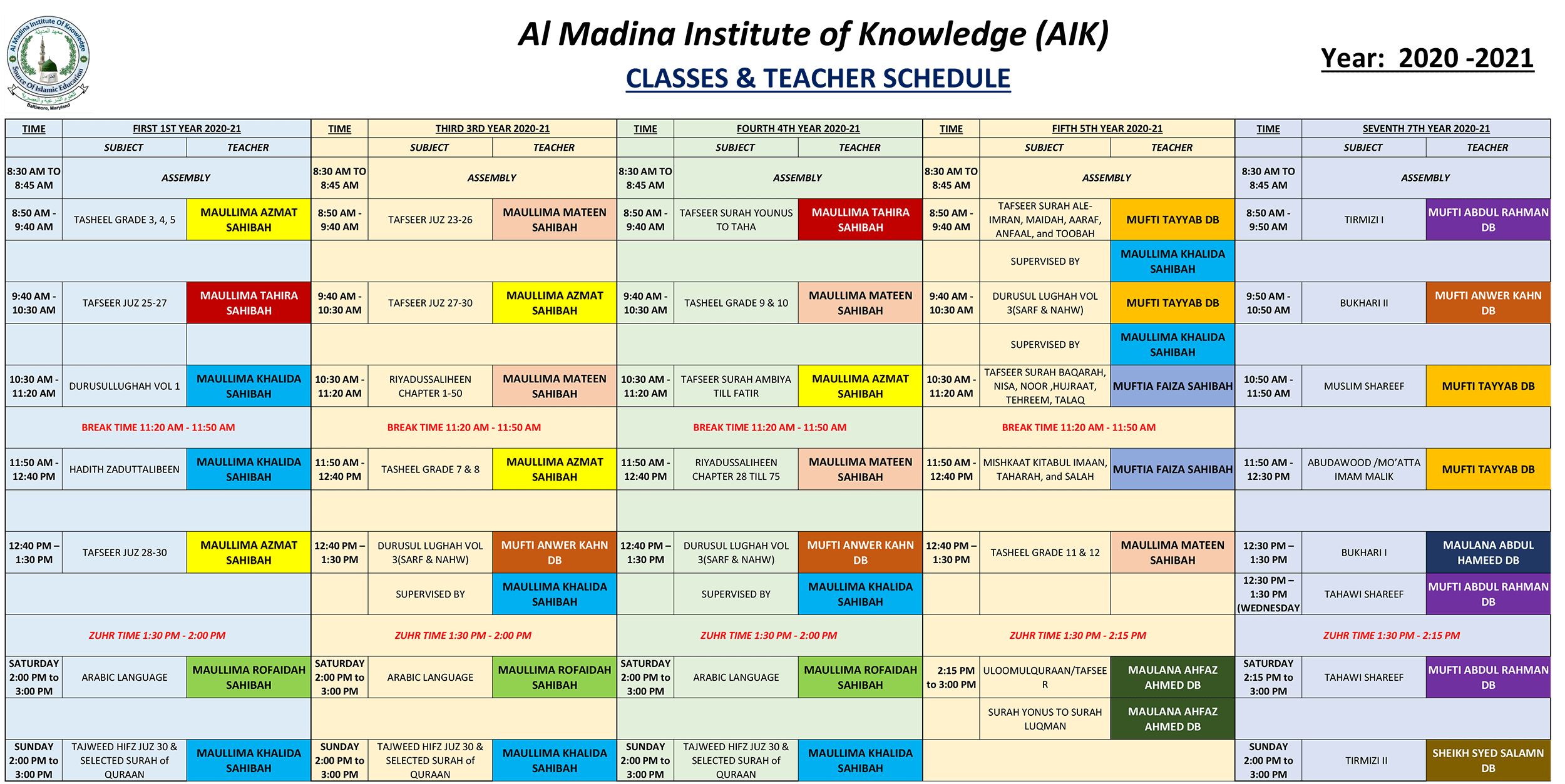 AIK CLASSES Schedule 2020 – 2021S | Al Madina Institute of Knowledge